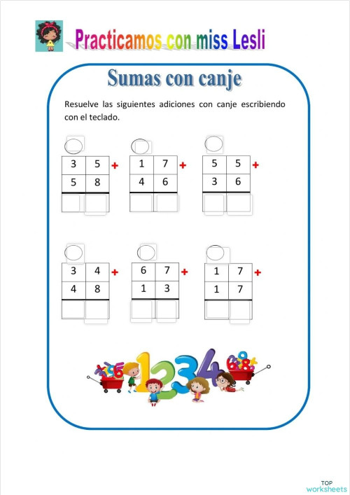 Sumas con canje. Ficha interactiva | TopWorksheets