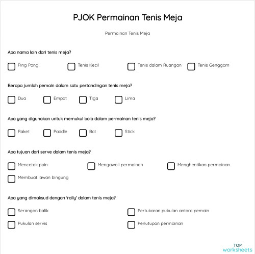 PJOK Permainan Tenis Meja. Interactive worksheet | TopWorksheets