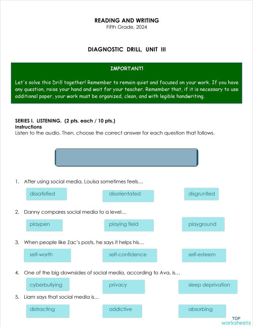 Reading Diagnostic Drill-Fifth Grade-Unit III. Interactive worksheet ...