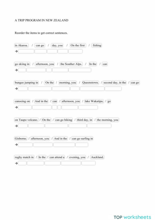 A trip program in New Zealand. Interactive worksheet | TopWorksheets