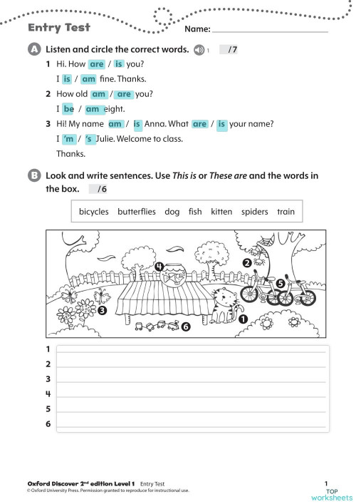 Entry test - First grade. Ficha interactiva | TopWorksheets