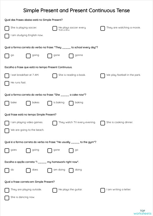 Simple Present and Present Continuous Tense. Ficha interativa | TopWorksheets