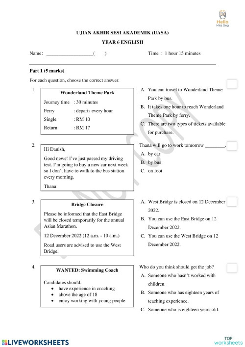 Year 6 Uasa English Paper Interactive Worksheet Topworksheets