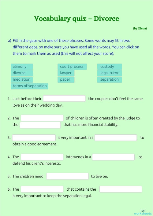 Vocabulary quiz – Divorce by Elena. Interactive worksheet | TopWorksheets