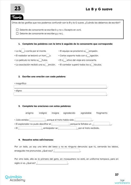 Palabras con B y G suave. Ficha interactiva | TopWorksheets