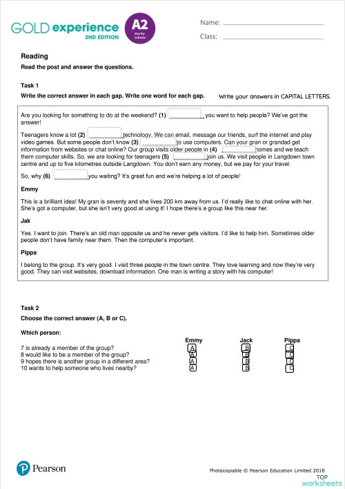Reading Gold Experience A2. Interactive worksheet | TopWorksheets