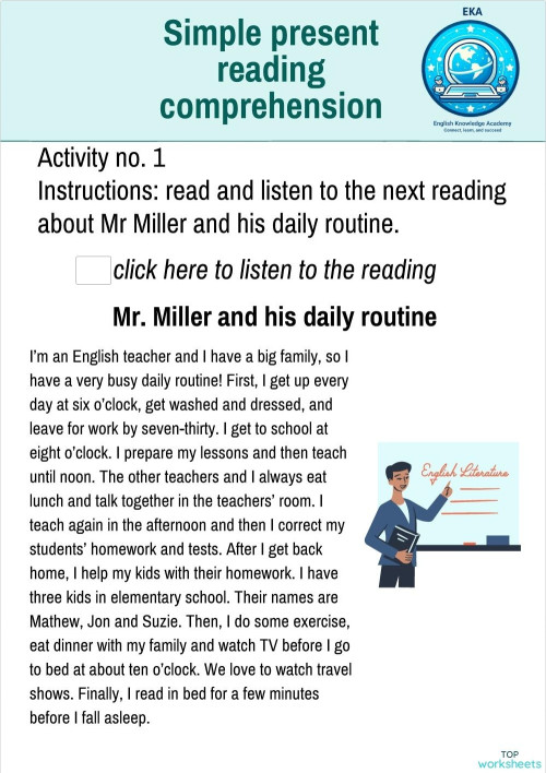 Simple present reading comprehension. Interactive worksheet | TopWorksheets