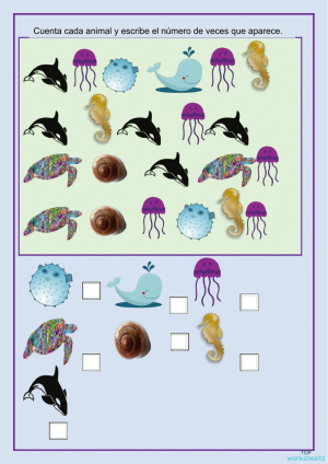 Conteo y conjuntos: Identifica la cantidad de animales del mar. Ficha ...