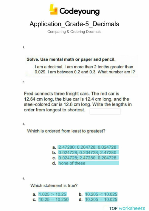 Application Comparing Ordering Decimals Interactive Worksheet