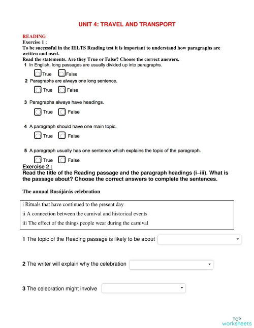 Unit 4 - Reading - Travel and Transport. Interactive worksheet ...