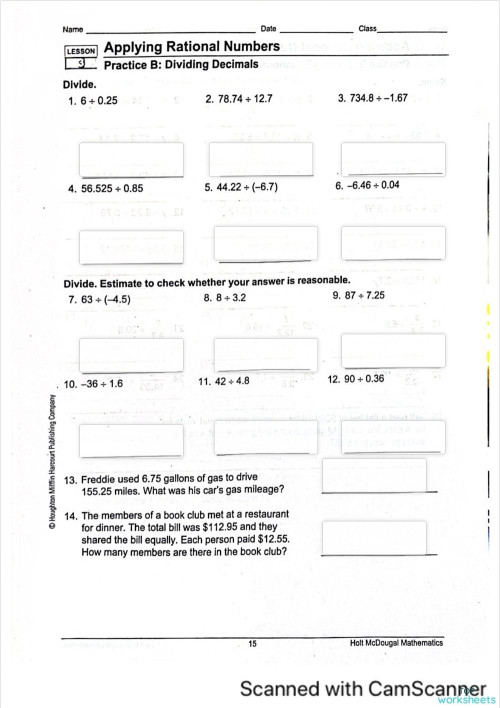 Lesson 3.3 Dividing Decimals (7th). Interactive worksheet | TopWorksheets