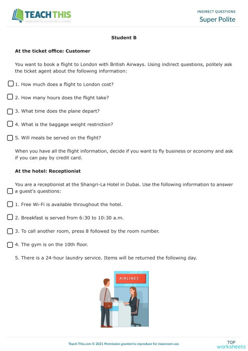 Indirect questions game Student B. Interactive worksheet | TopWorksheets