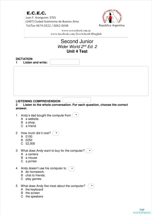 TEST- Unit 4 test (20/08). Interactive worksheet | TopWorksheets