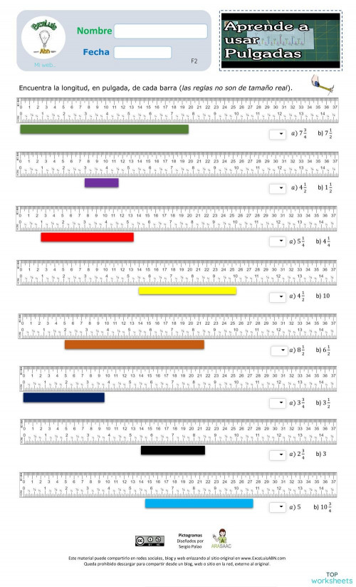 Medir en pulgadas 02. Ficha interactiva | TopWorksheets