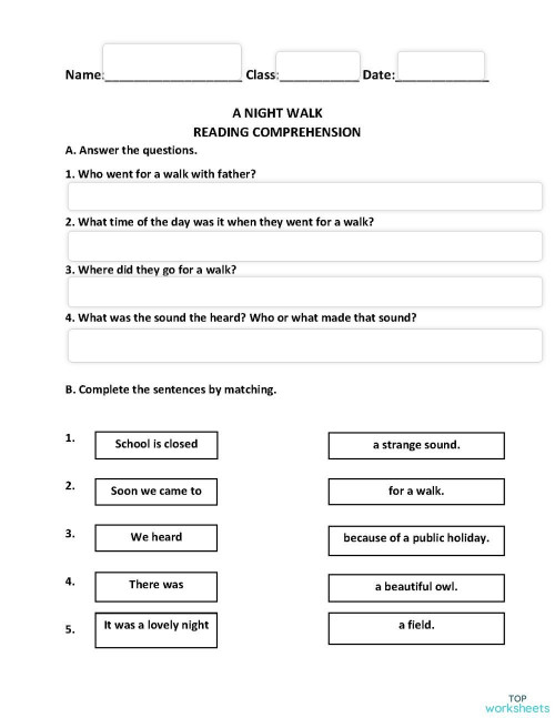 Comprehension- A Night Walk. Interactive worksheet | TopWorksheets