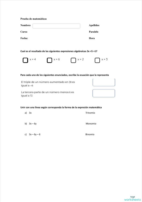 lenguaje algebraico I. Ficha interactiva | TopWorksheets