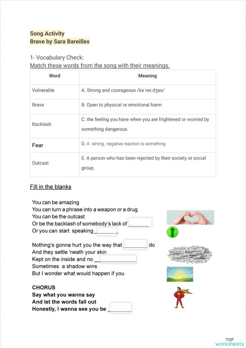 Song Activity Brave by Sara Bareilles. Interactive worksheet ...