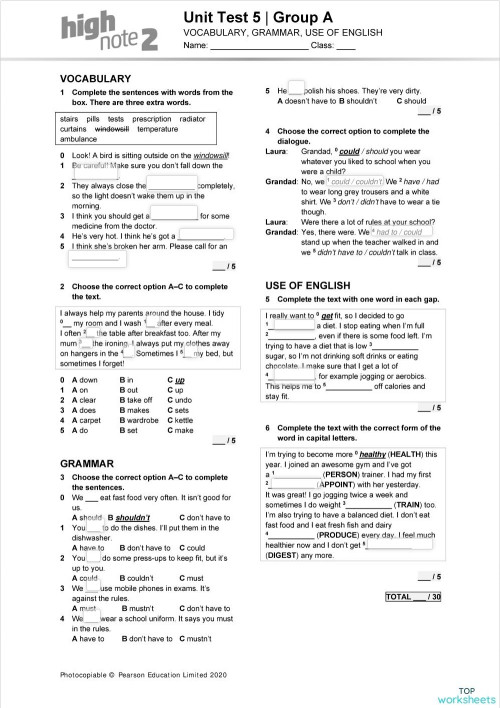 High Note 2 Unit 5 test. Interactive worksheet | TopWorksheets