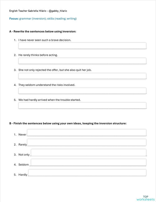 GRAMMAR - Inversion. Interactive worksheet | TopWorksheets