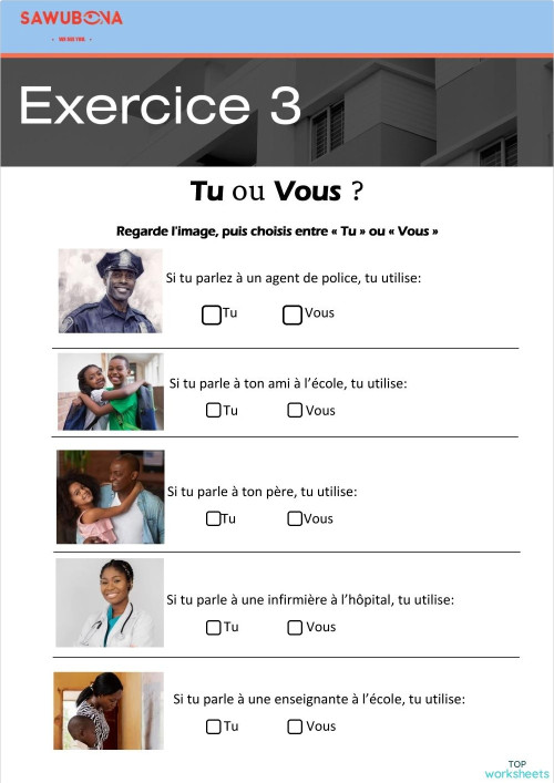 Exercice 3 Tu ou Vous?. Fiche interactive | TopWorksheets