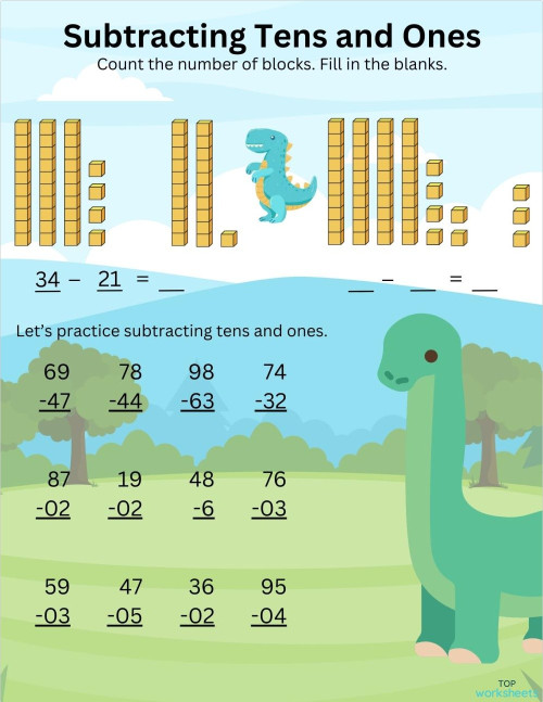 Subtracting Tens and Ones. Interactive worksheet | TopWorksheets