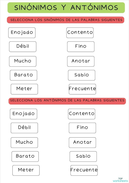 Sinónimos y antónimos.pdf. Ficha interactiva | TopWorksheets