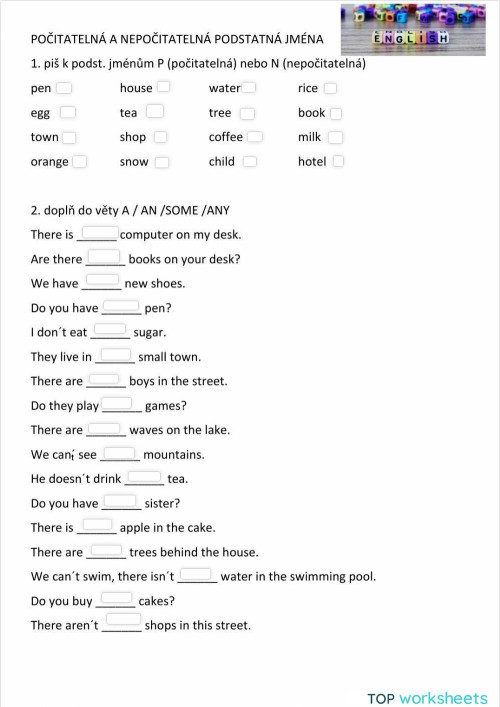 a an some any. Interactive worksheet | TopWorksheets