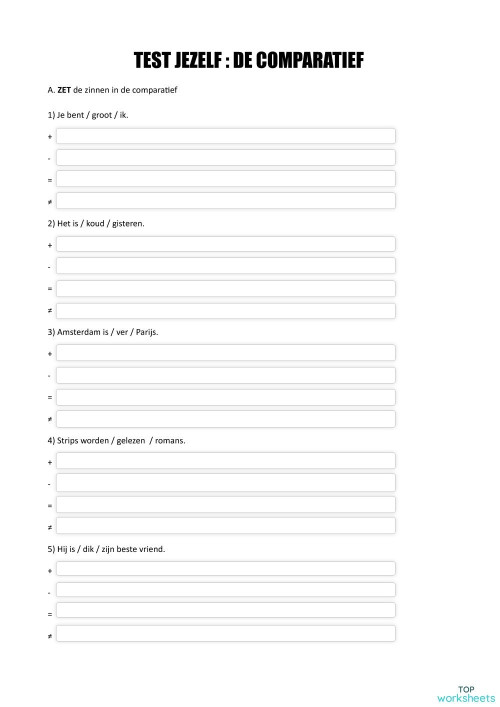 Test jezelf: comparatief. Interactief werkblad | TopWorksheets