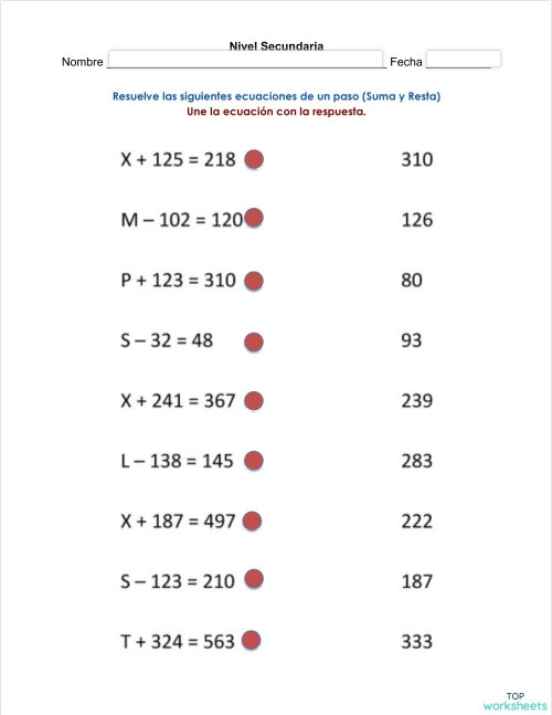 Ecuaciones un paso - suma/resta. Ficha interactiva | TopWorksheets