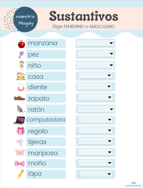 SUSTANTIVOS: Femeninos o masculinos. Maestra Magaly. Ficha interactiva ...
