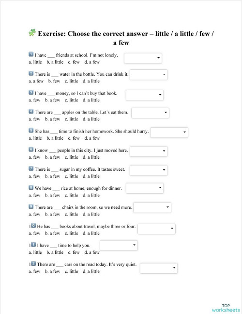 A little / little / few / a few. Interactive worksheet | TopWorksheets