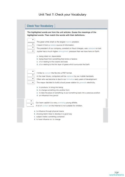 Unit Test 7 Check your Vocabulary. Interactive worksheet | TopWorksheets