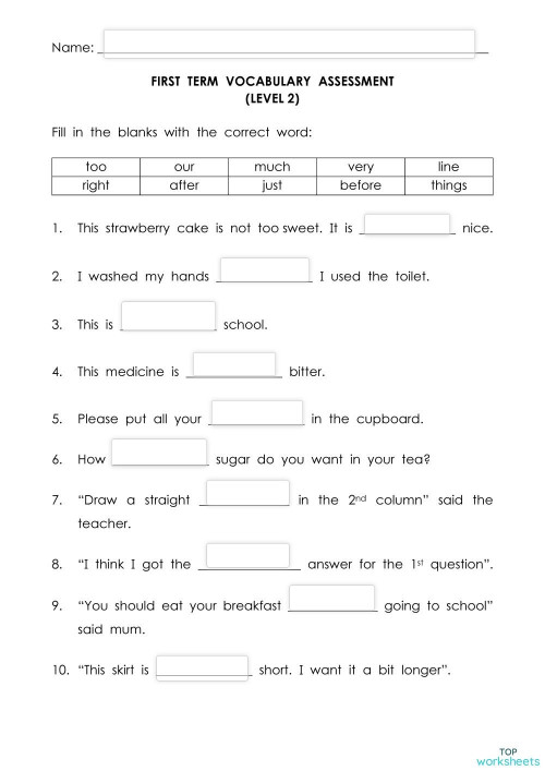 Vocabulary Assessment 4. Interactive worksheet | TopWorksheets