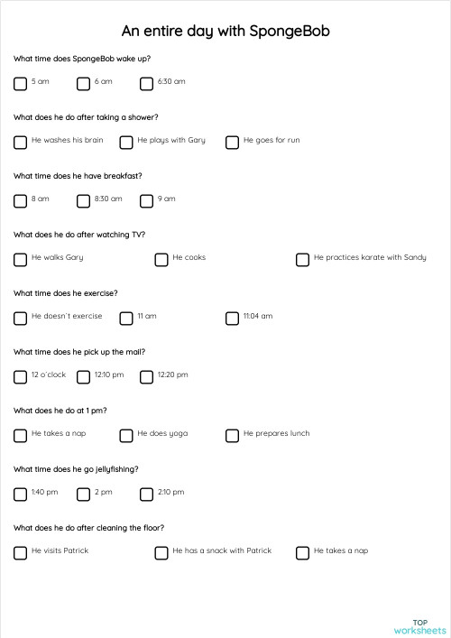 An entire day with SpongeBob. Interactive worksheet | TopWorksheets