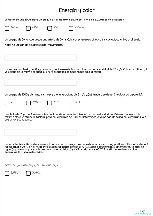 Energía y calor. Ficha interactiva | TopWorksheets