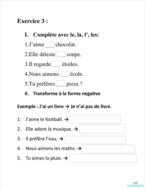 Exercice 3 Article defini. Fiche interactive | TopWorksheets