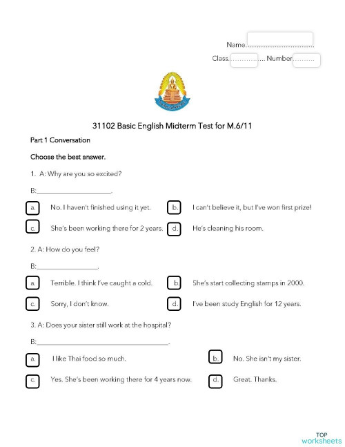 M 6/11 Basic English ใบงานเชิงโต้ตอบ | TopWorksheets
