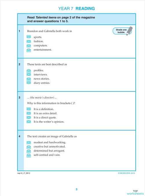 Naplan Year 7 Reading 2010. Interactive worksheet | TopWorksheets