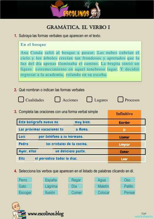 Gramática. El Verbo I. Ficha interactiva | TopWorksheets
