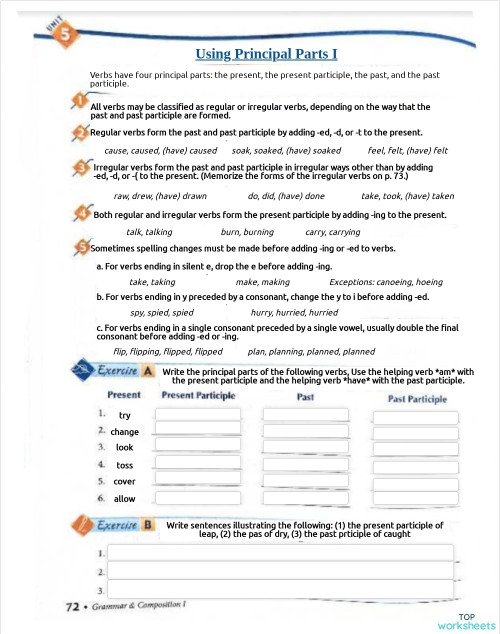 Unit 5: Using Principal Parts I Pg 72. Interactive worksheet ...