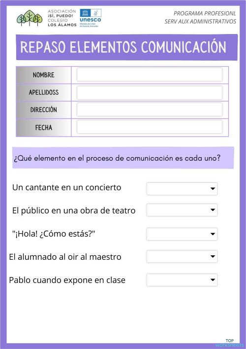 REPASO ELEMENTOS COMUNICACIÓN. Ficha interactiva | TopWorksheets