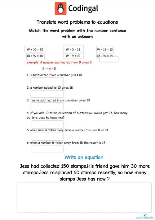 M_G02M08L37_WE02_Translating word problems to equations. Interactive worksheet | TopWorksheets
