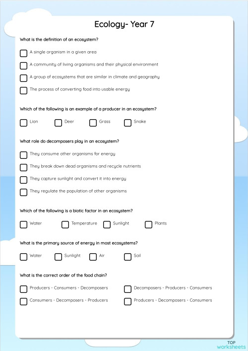 Ecology- Year 7. Interactive worksheet | TopWorksheets