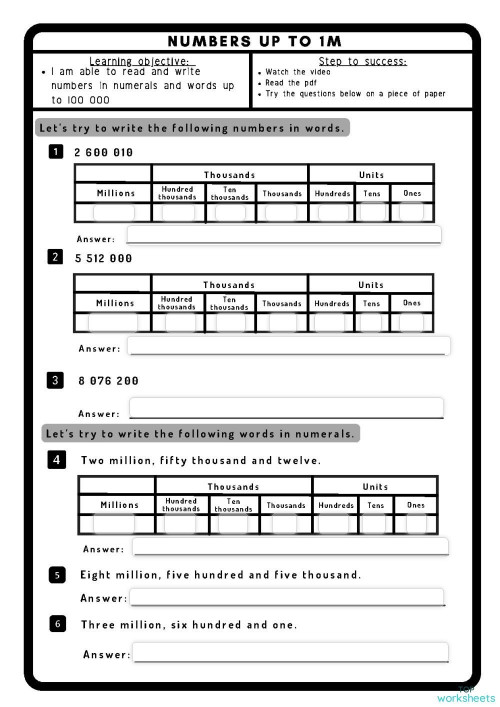 Numbers up to 10 Mil. Interactive worksheet | TopWorksheets