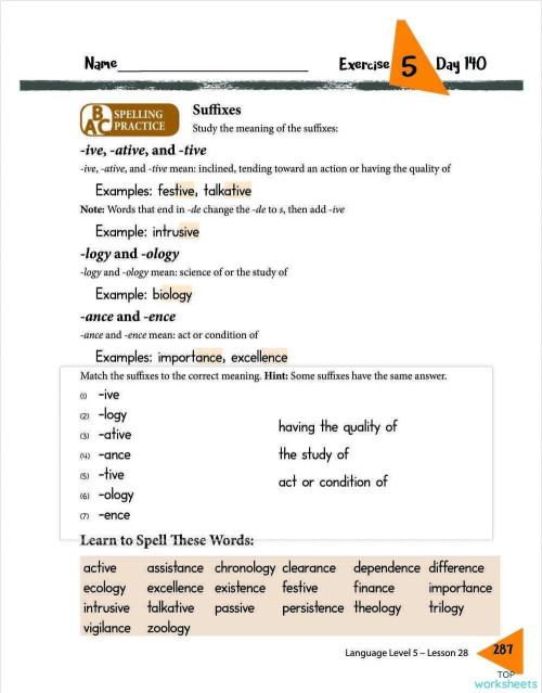 Lesson 28: Pg 287-288 Spelling Practice Ex 5. Interactive worksheet ...