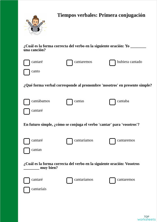 Tiempos verbales: Primera conjugación. Ficha interactiva | TopWorksheets