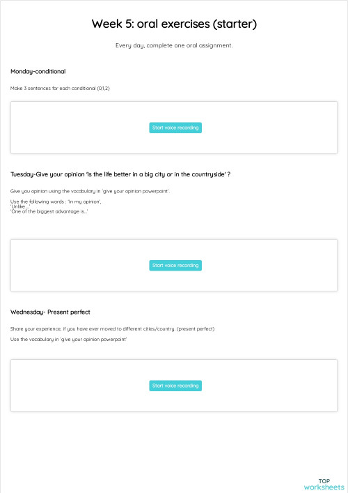 Week 5: oral exercises (starter). Interactive worksheet | TopWorksheets