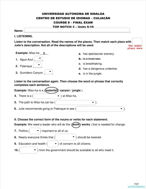 T.N.3 LVL 8 - Final Exam. Interactive worksheet | TopWorksheets