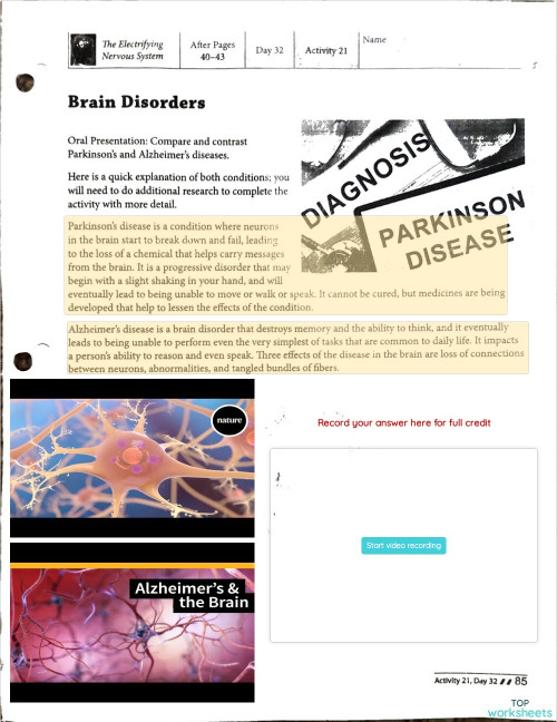 Activity 21: Brain Disorders Pg 85. Interactive worksheet | TopWorksheets
