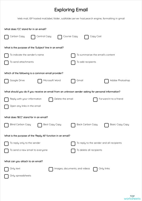 Exploring Email. Interactive worksheet | TopWorksheets